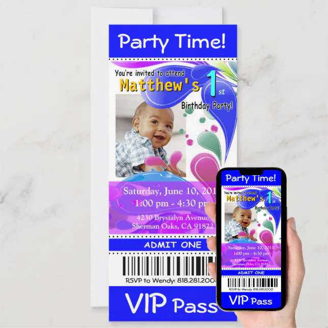 Fun Kids VIP Pass Event Ticket Photo Party (blue) Invitation | Zazzle