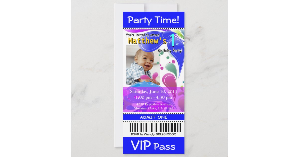 Fun Kids VIP Pass Event Ticket Photo Party (blue) Invitation | Zazzle