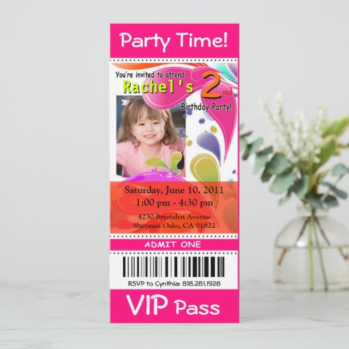 Fun Kids VIP Pass Event Ticket Photo Party fuschia Invitation | Zazzle
