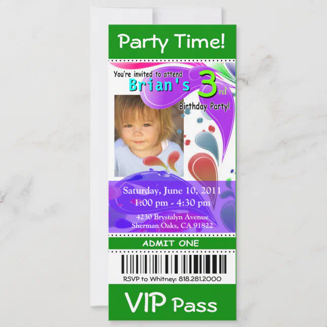 Fun Kids VIP Pass Event Ticket Photo Party (green) Invitation | Zazzle