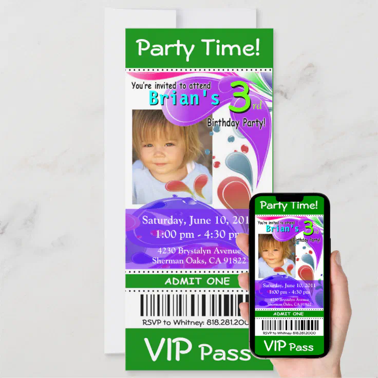 Fun Kids VIP Pass Event Ticket Photo Party (green) Invitation | Zazzle