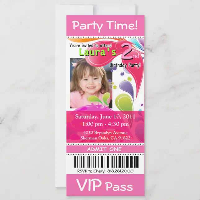 Fun Kids VIP Pass Event Ticket Photo Party (pink) Invitation | Zazzle