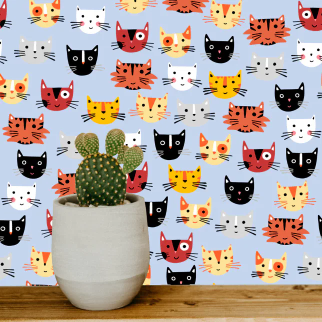 Fun Kitty Cat Blue Pattern Wallpaper | Zazzle