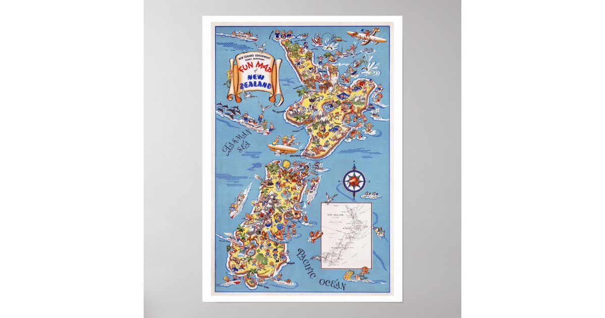 Fun Map of New Zealand ~ Vintage Travel Poster | Zazzle