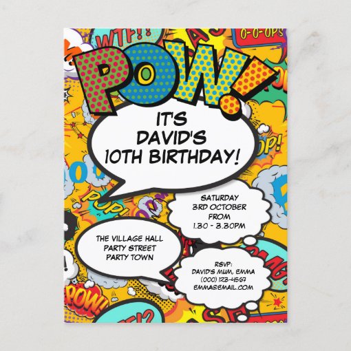 Fun Modern Birthday Party Comic Book Invitation Postcard | Zazzle