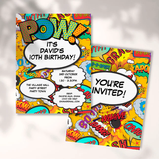 Fun Modern Birthday Party Comic Book Invitation Postcard | Zazzle