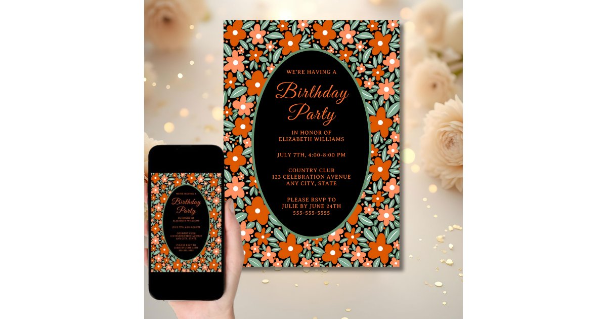Fun Modern Flower Birthday Party Invitation Orange | Zazzle