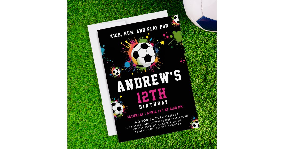 Fun Modern Girl Pink And Black Soccer Sport Balls Invitation | Zazzle