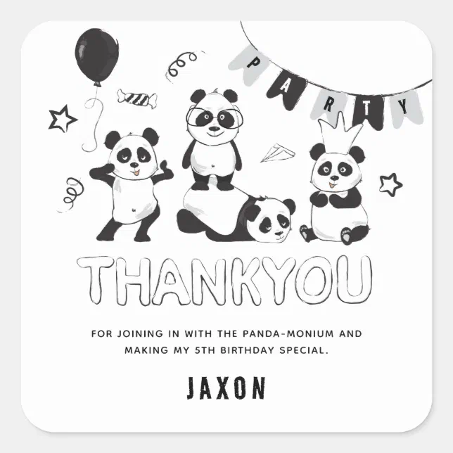 Fun Modern Panda Thank You Kids Birthday Square Sticker | Zazzle