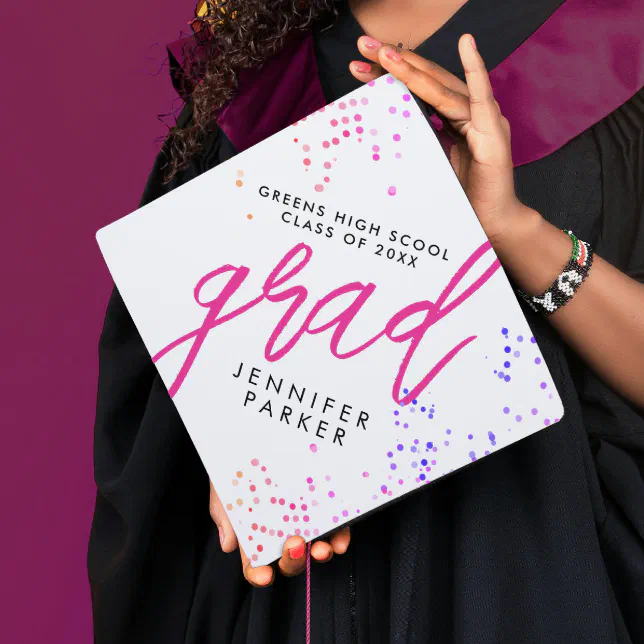 Fun Modern Script White Pink Confetti High School Graduation Cap Topper ...