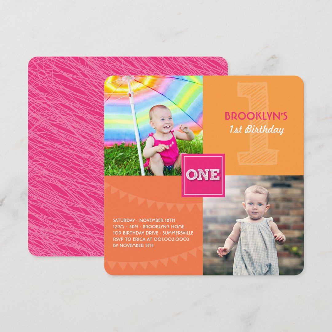 Fun Modern Square ONE Photo Baby Girl 1st Birthday Invitation | Zazzle