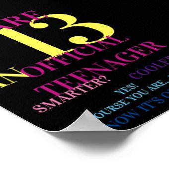 Fun Multicolor Official Teenager 13th Birthday Poster | Zazzle