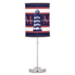 Fun Nautical Red White Navy Blue Stripe Lighthouse Table Lamp | Zazzle