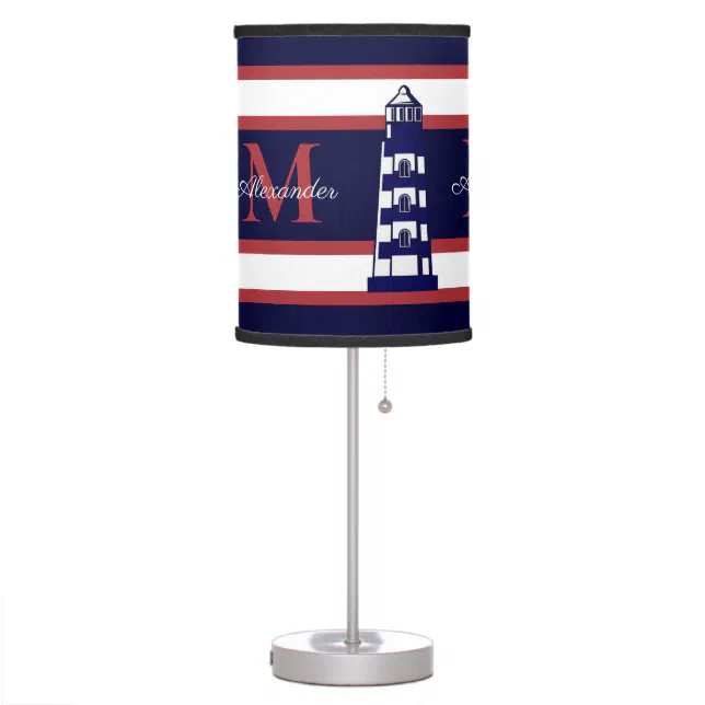 Fun Nautical Red White Navy Blue Stripe Lighthouse Table Lamp | Zazzle