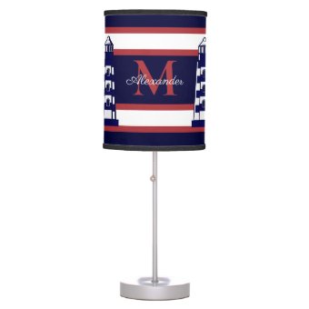 Fun Nautical Red White Navy Blue Stripe Lighthouse Table Lamp | Zazzle