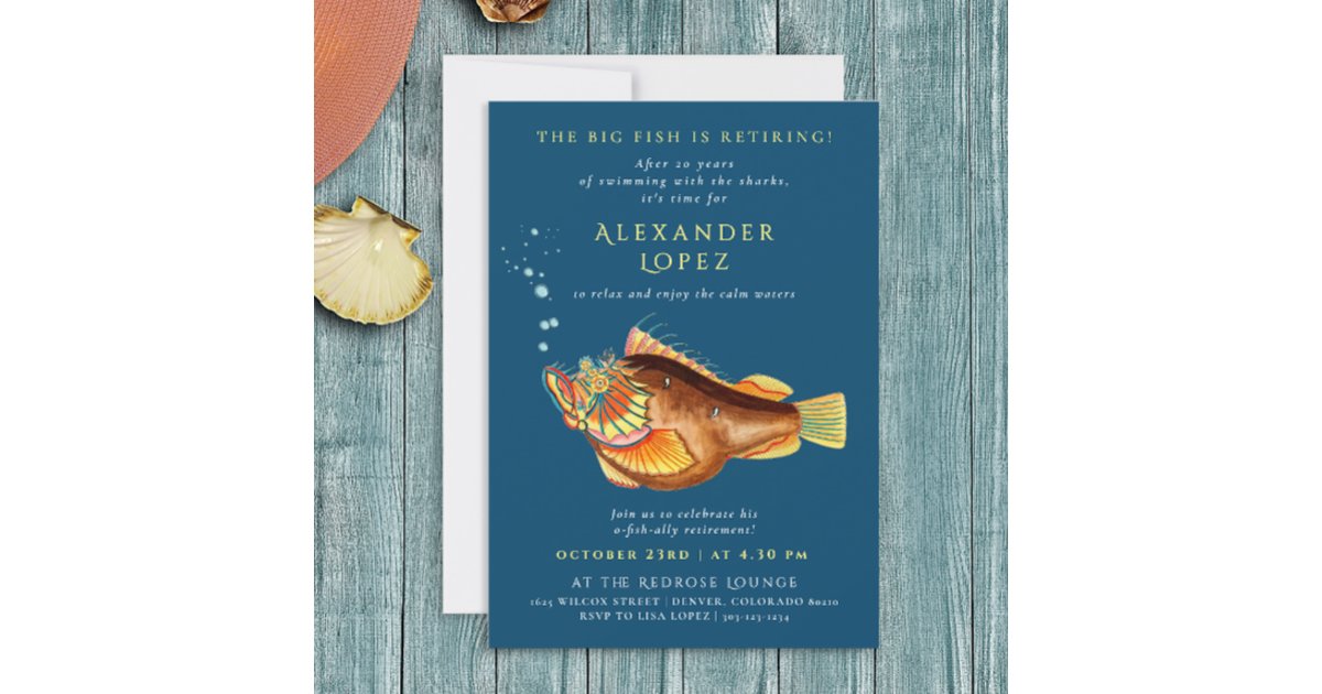 Fun Navy Blue Big Fish Boss Retire Watercolor Fish Invitation | Zazzle
