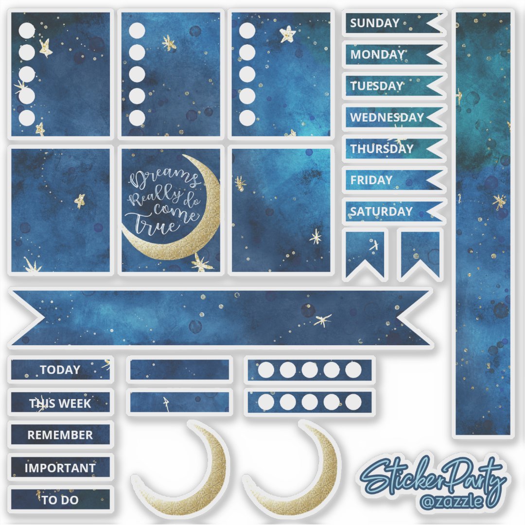 Fun Navy Blue & Gold Moon & Stars Planner Stickers | Zazzle