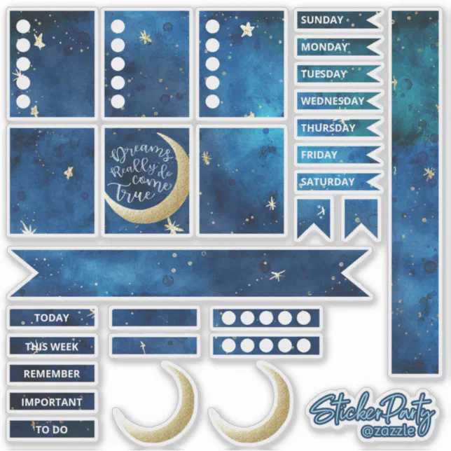 Fun Navy Blue & Gold Moon & Stars Planner Stickers | Zazzle