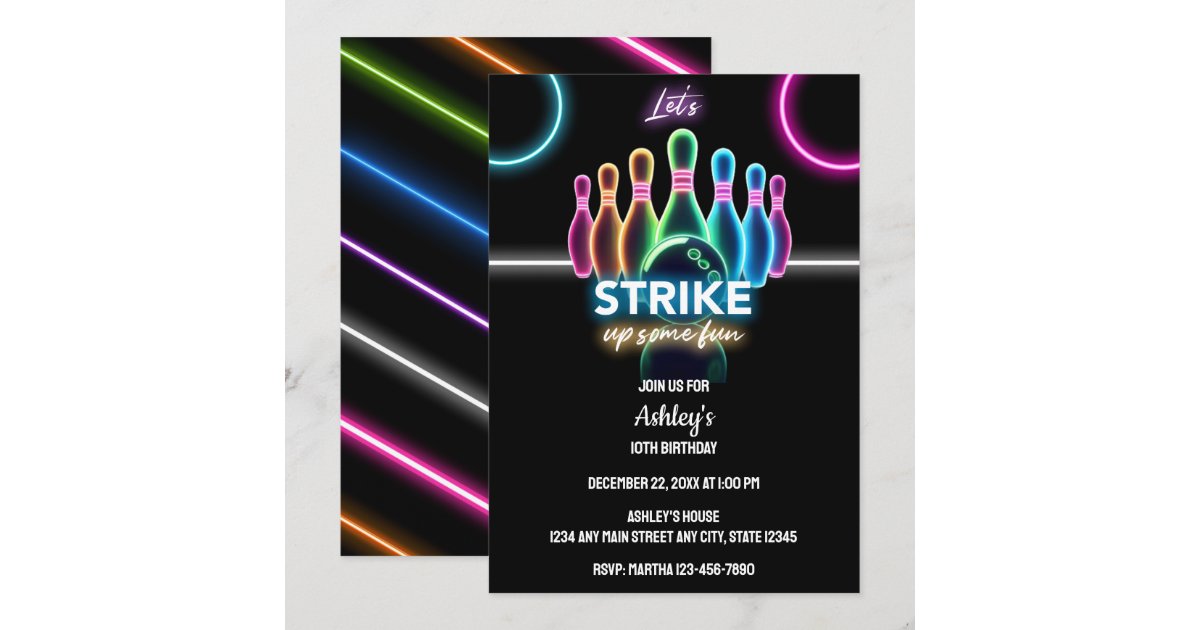 Fun Neon Glow Night Bowling Birthday Invitation | Zazzle