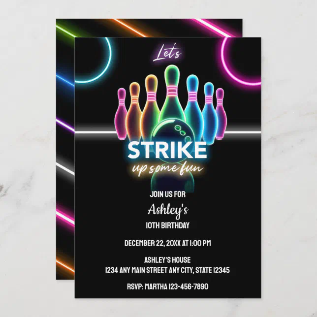 Fun Neon Glow Night Bowling Birthday Invitation | Zazzle