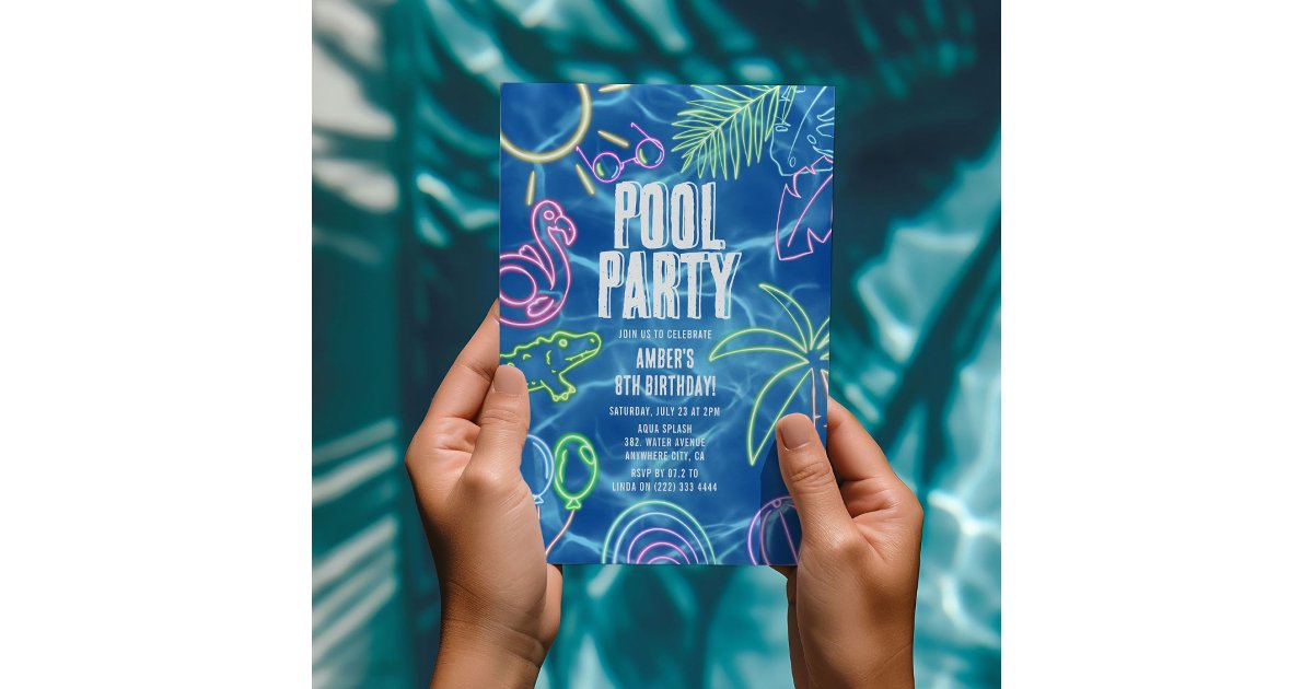 Fun Neon Pool Party Birthday Invitation | Zazzle