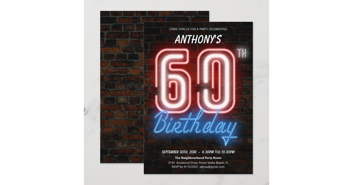 Fun Neon Retro 60th Birthday Party Invitation | Zazzle