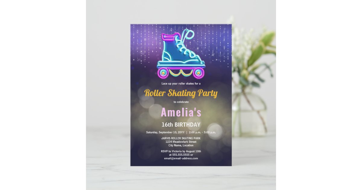 Fun Neon Roller Skating Birthday Party Invitation | Zazzle