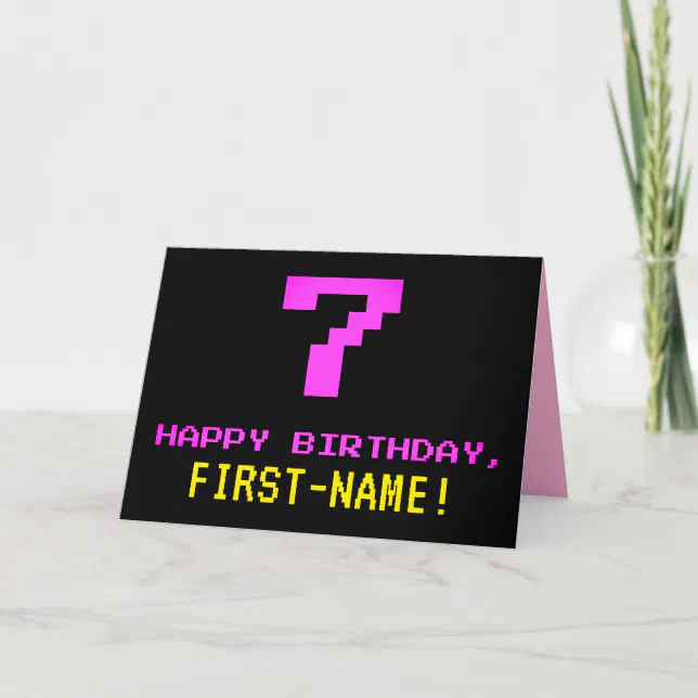 Fun, Nerdy, Geeky, Pink, 8-Bit Style 7th Birthday Card | Zazzle