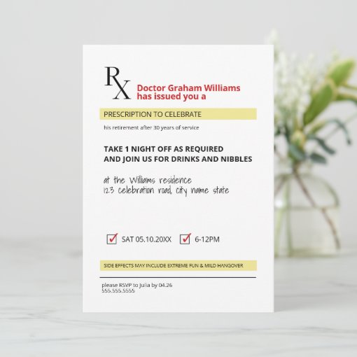 Fun Novelty Rx Prescription Doctor Retirement Invitation | Zazzle