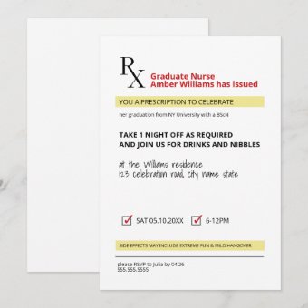 Fun Novelty Rx Prescription Nurse Graduation Invitation | Zazzle