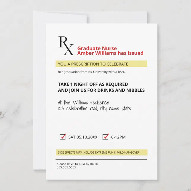Fun Novelty Rx Prescription Nurse Graduation Invitation | Zazzle