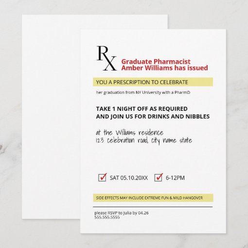 Fun Novelty Rx Prescription Pharmacy Graduation Invitation | Zazzle