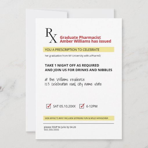 Fun Novelty Rx Prescription Pharmacy Graduation Invitation | Zazzle