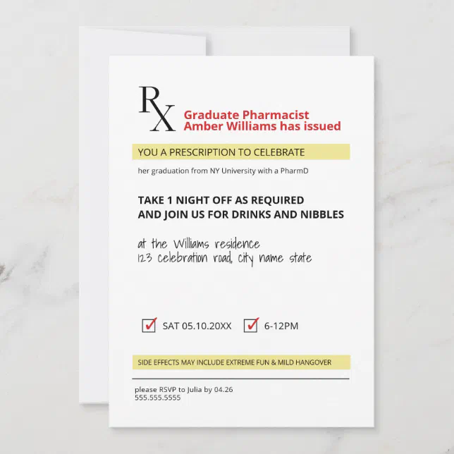Fun Novelty Rx Prescription Pharmacy Graduation Invitation | Zazzle