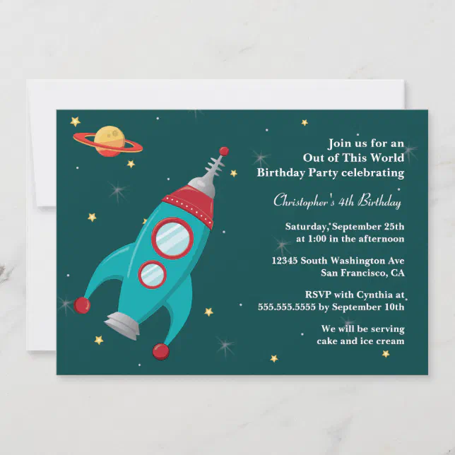 Fun outer space rocket birthday party invitation | Zazzle