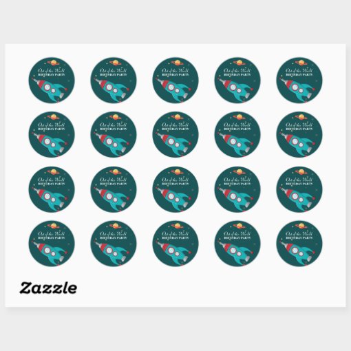 Fun outer space rocket birthday party stickers | Zazzle
