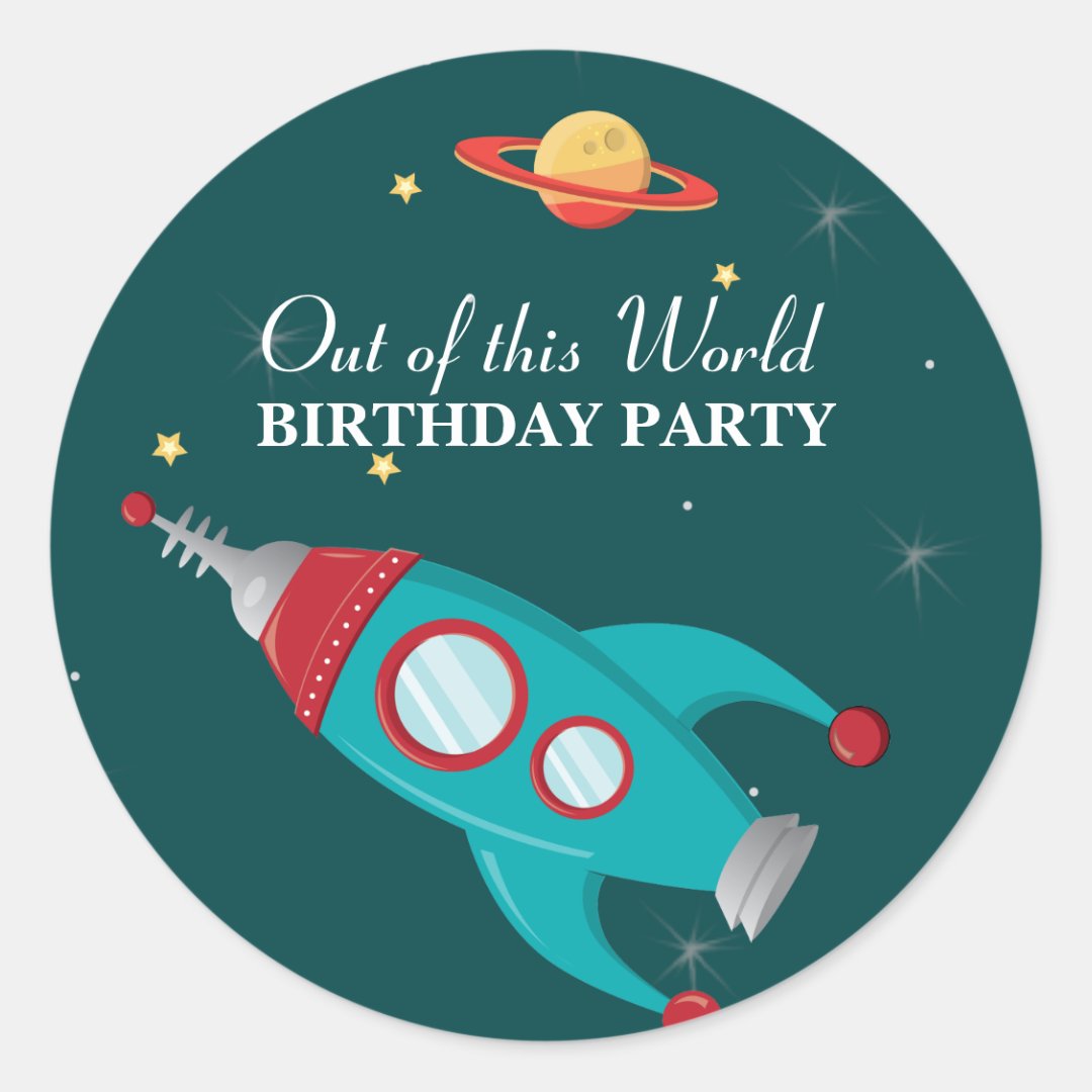 Fun outer space rocket birthday party stickers | Zazzle