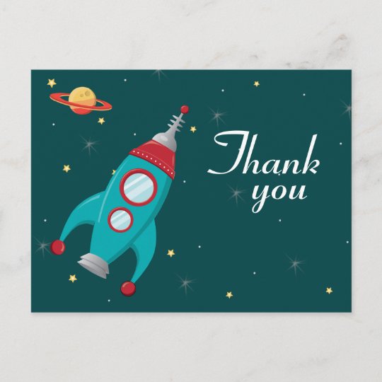 Fun outer space rocket birthday thank you postcard | Zazzle.com
