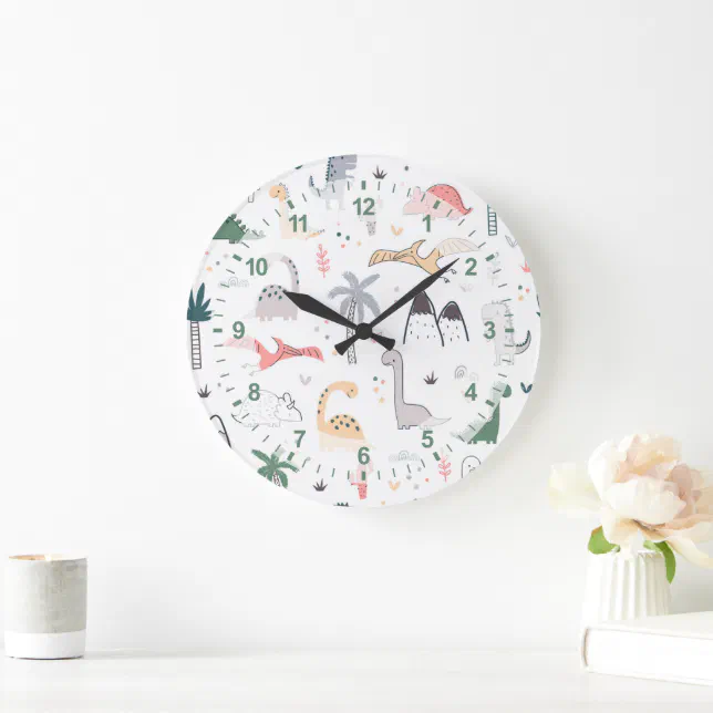 Fun Pastel Dinosaur Scene Pattern Large Clock | Zazzle