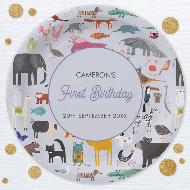 Fun Personalized Animal First 1st Birthday Paper Plates | Zazzle
