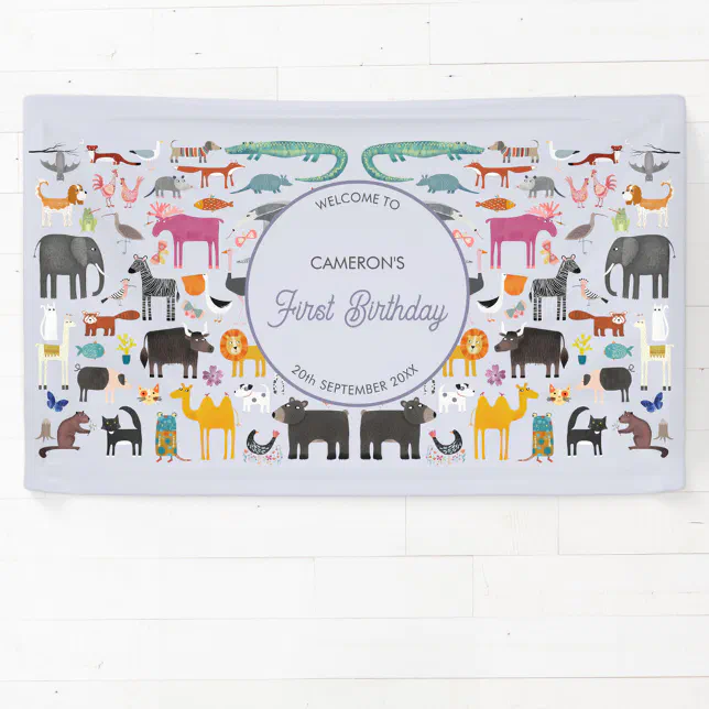 Fun Personalized Animal First 1st Birthday Party Banner | Zazzle