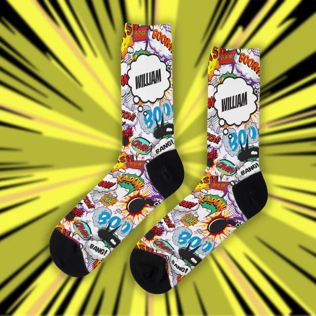 Fun Personalized Name Comic Book Socks | Zazzle
