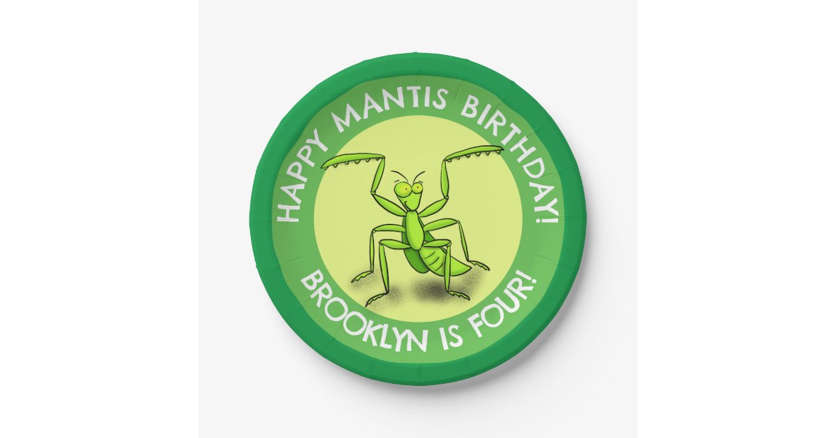 Fun personalized praying mantis cartoon birthday paper plates | Zazzle