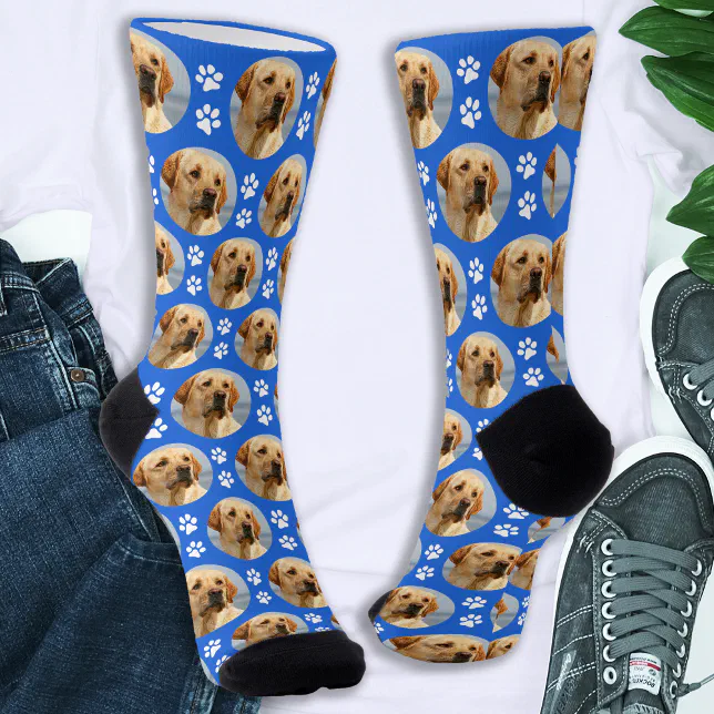 Fun Pet Photo Paw Prints Custom Blue Pattern Dog Socks | Zazzle