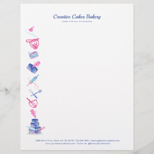 Fun Pink & Blue Bakery Cake Shop Baking Tools Letterhead | Zazzle