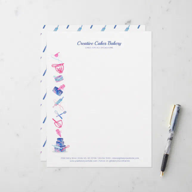 Fun Pink & Blue Bakery Cake Shop Baking Tools Letterhead | Zazzle