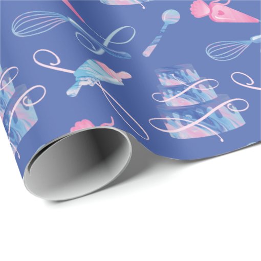Fun Pink Blue Baking Utensils & Marble Glaze Cake Wrapping Paper | Zazzle