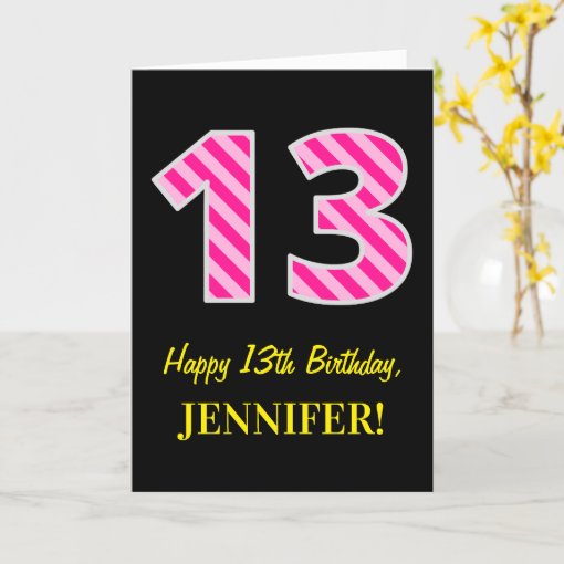 Fun Pink Striped "13"; Happy 13th Birthday; Name Card | Zazzle