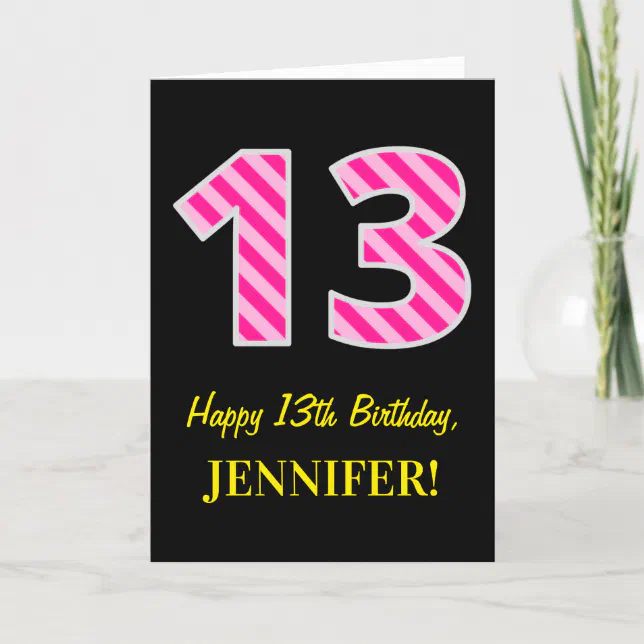Fun Pink Striped "13"; Happy 13th Birthday; Name Card | Zazzle