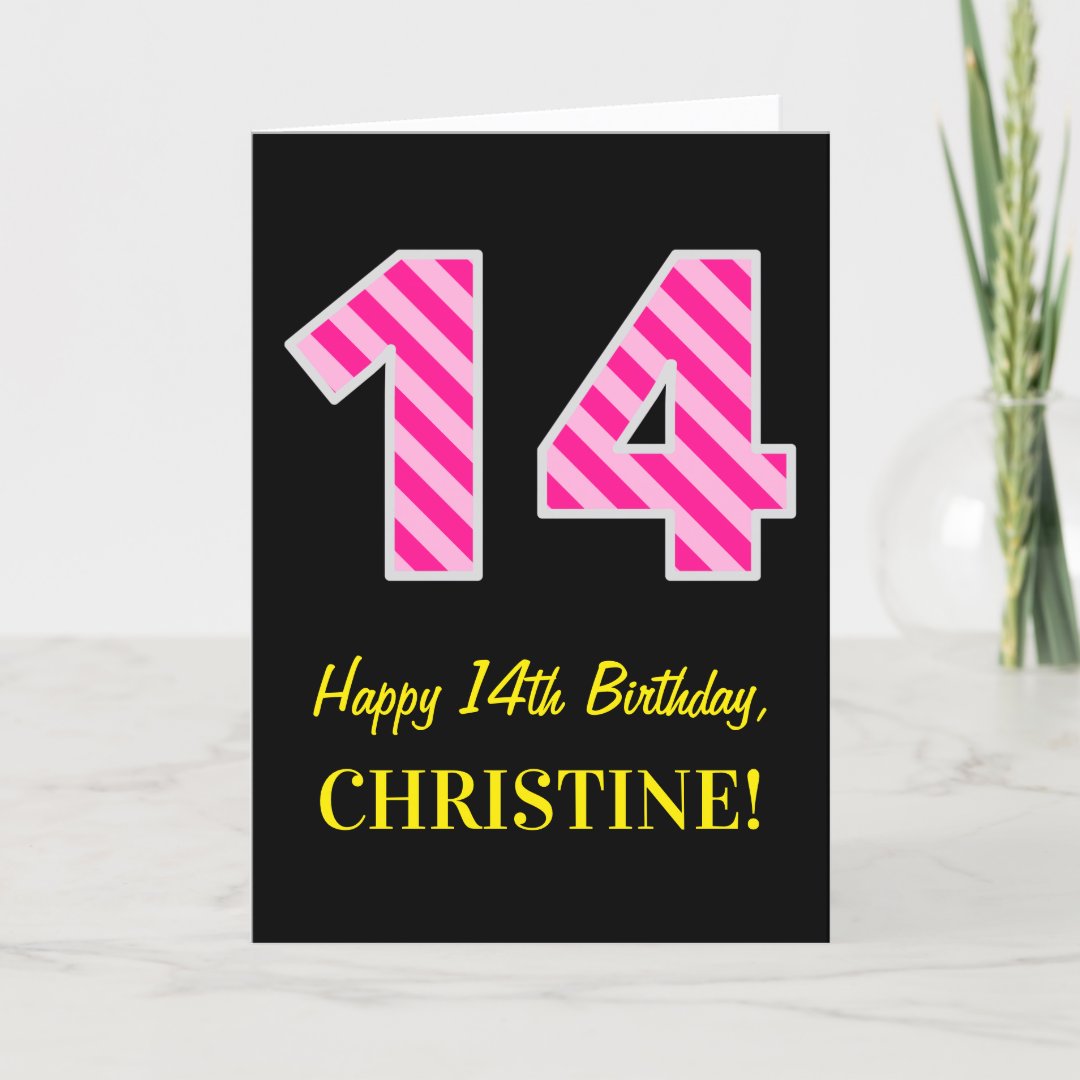 Fun Pink Striped "14"; Happy 14th Birthday; Name Card | Zazzle
